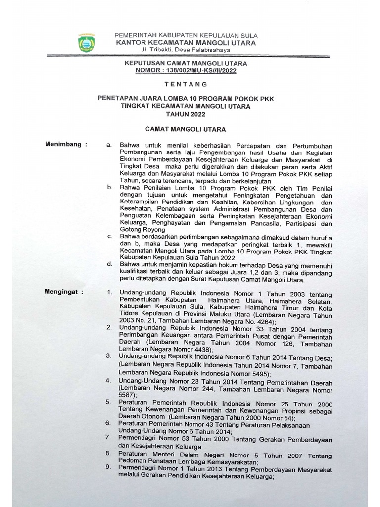 SK Juara Lomba PKK Kec. MU | PDF