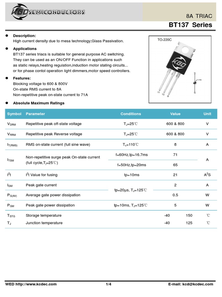 BT137 Triac Datasheet Overview | PDF | Root Mean Square | Quantity