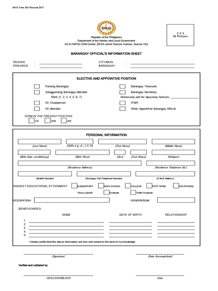 Barangay Official'S Information Sheet: BOIS Form 001 Revised 2017 | PDF