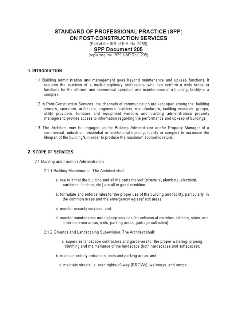 Standard of Professional Practice (SPP) On Post-Construction Services ...