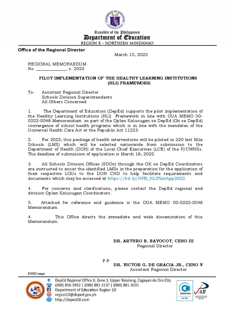 Office of The Regional Director: Pilot Implementation of The Healthy ...