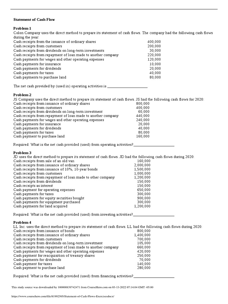 Cash Flow Statement Exercises | PDF | Business