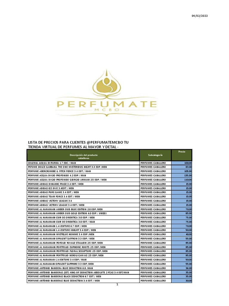 Lista de Precios Caballero Perfumatemcbo 04022022 | PDF | Perfume | Perfumery
