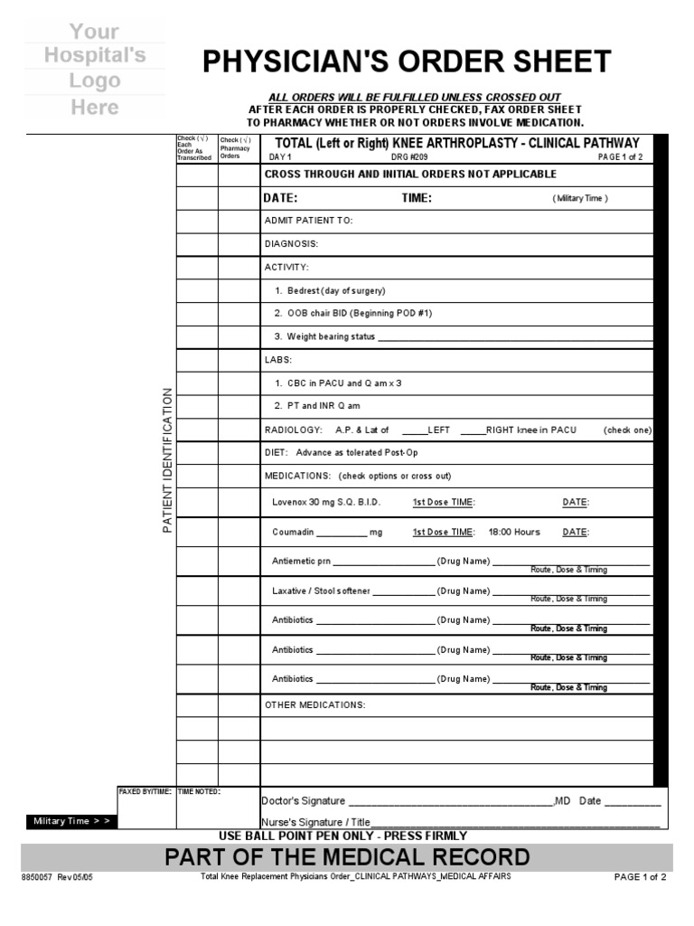 Physician'S Order Sheet: Part of The Medical Record | PDF | Pain ...