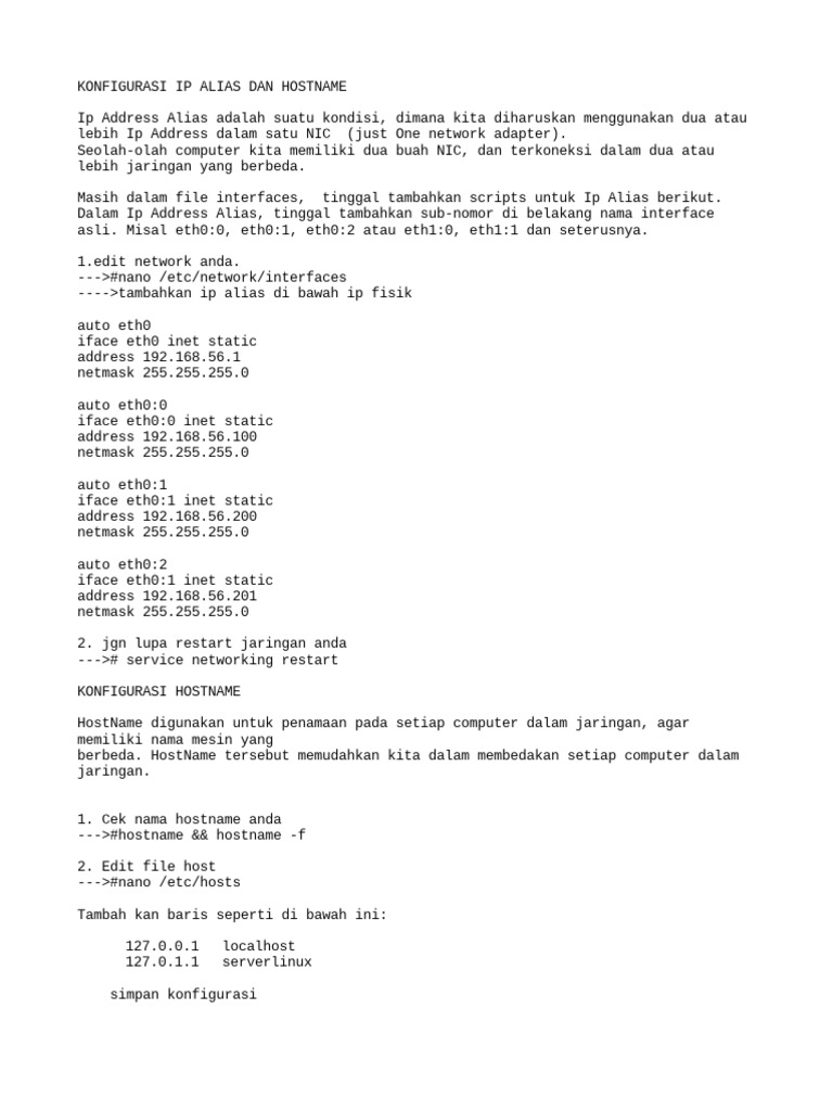 Konfigurasi Ip Alias Address Dan Hostname | PDF | Griya & Taman | Komputer