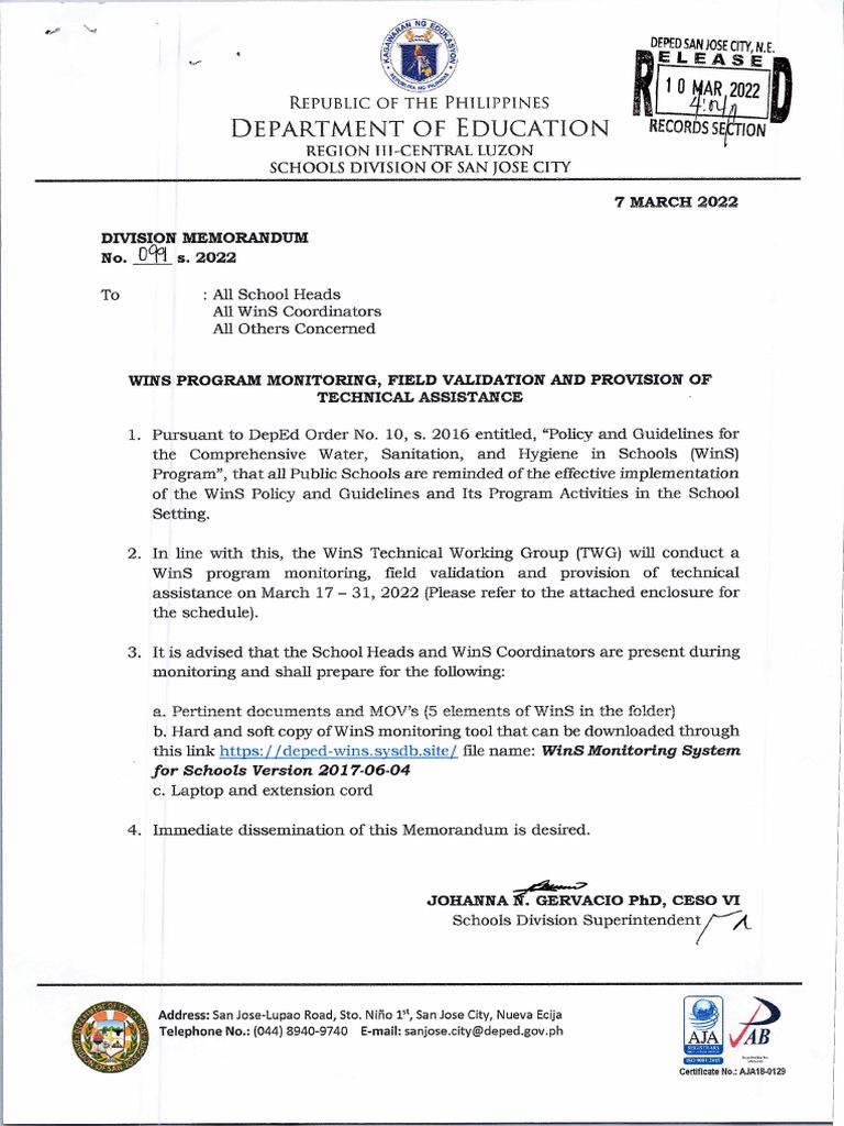 WINS Program Monitoring, Field Validation and Proivision of Technical ...