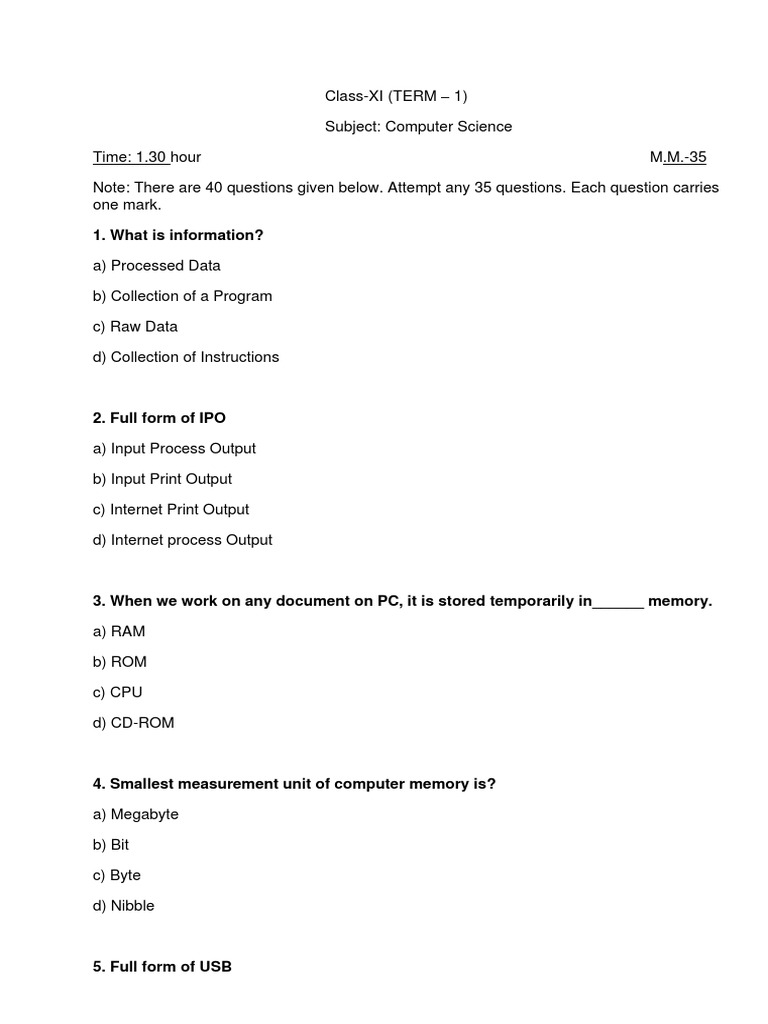 Class Xi Term 1 Question Paper | PDF | Operating System | Software