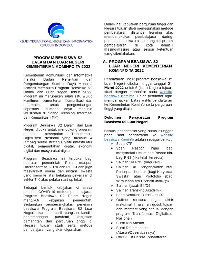 Informasi Pembukaan Beasiswa S2 Dalam Dan Luar Negeri TA 2022 | PDF