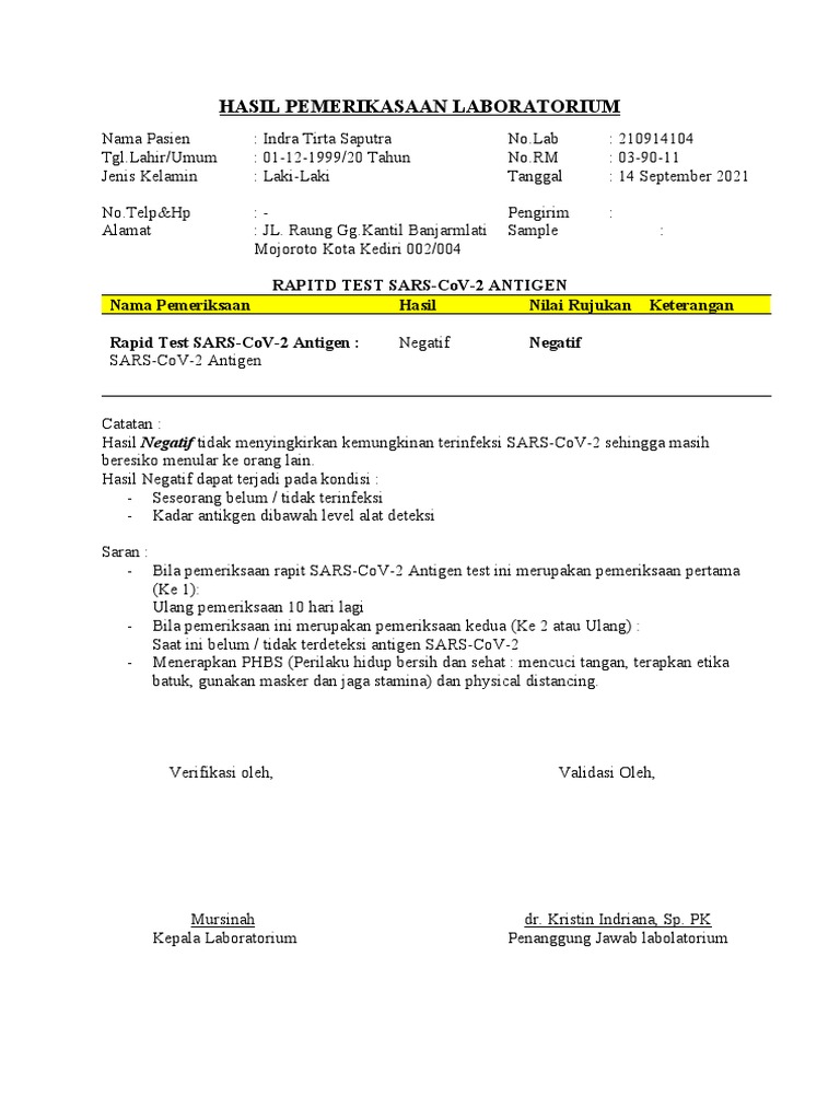Hasil Pemeriksaan Laboratorium untuk Deteksi SARS-CoV-2 | PDF