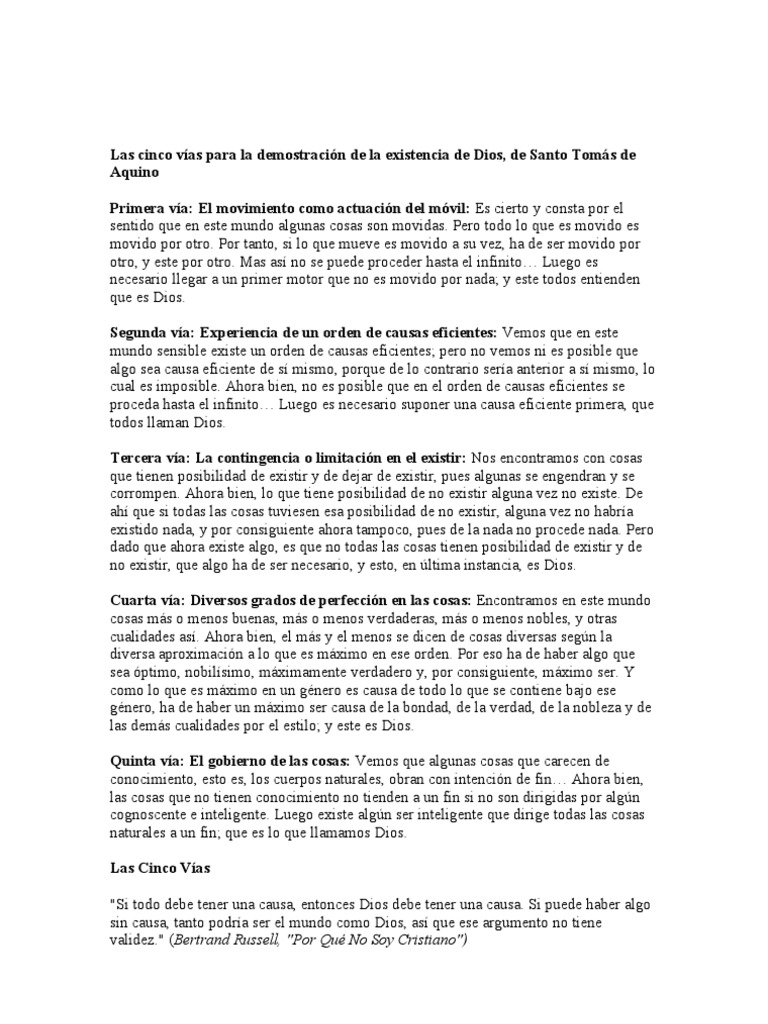Las Cinco Vías para La Demostración de La Existencia de Dios | PDF | Existencia | Filosofía