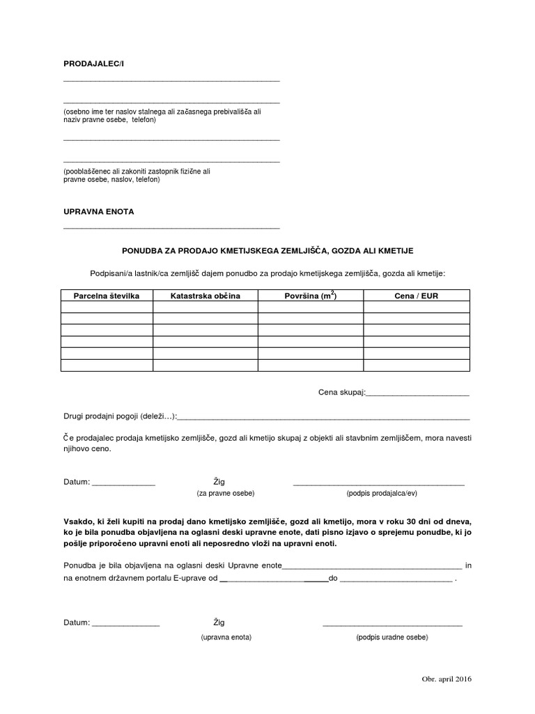 Ponudba Za Prodajo Kmetijskega Zemljisca Kmetije Ali Gozda | PDF