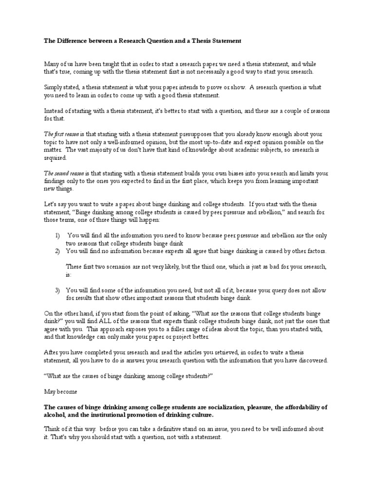 Research Questions vs. Thesis Statements | PDF | Thesis | Expert