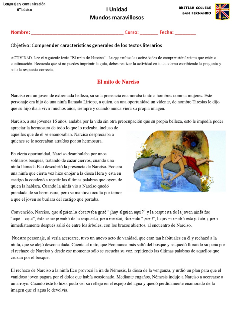 Guía N 5 Lenguaje 6 Básico Géneros Literarios Mito De Narciso Pdf