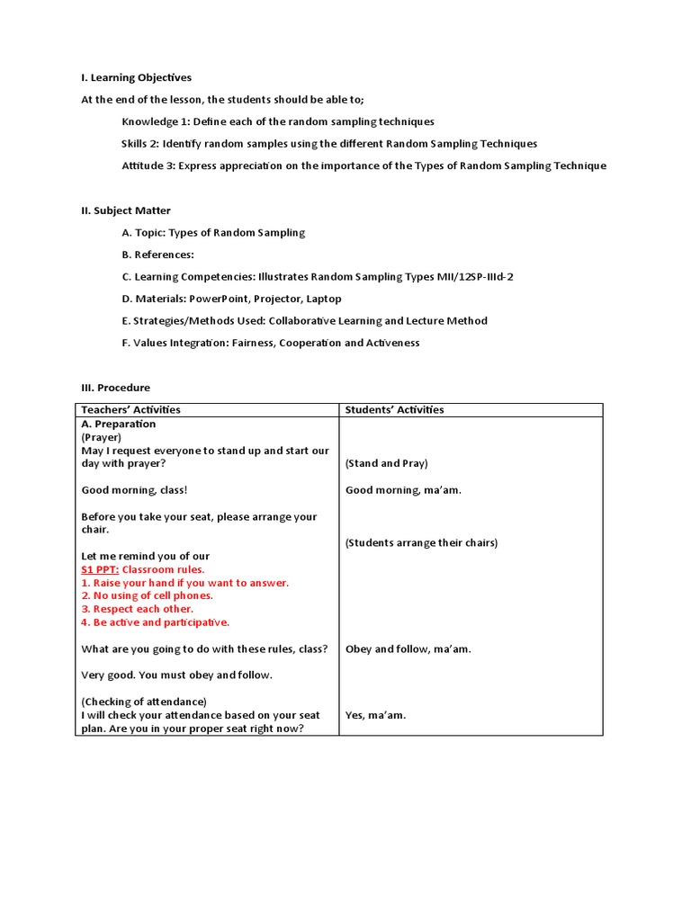 Lesson Plan in Mathematics Senior High School | PDF | Sampling ...