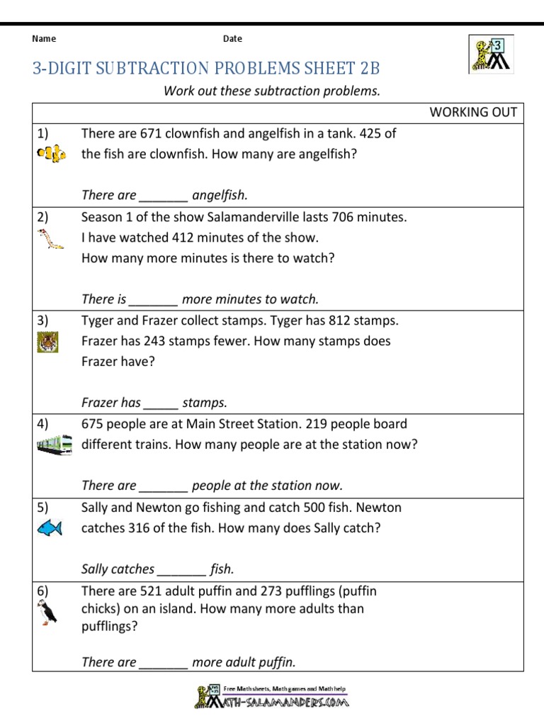 3-Digit Subtraction Problems Sheet 2B | PDF | Neognathae | Seabird