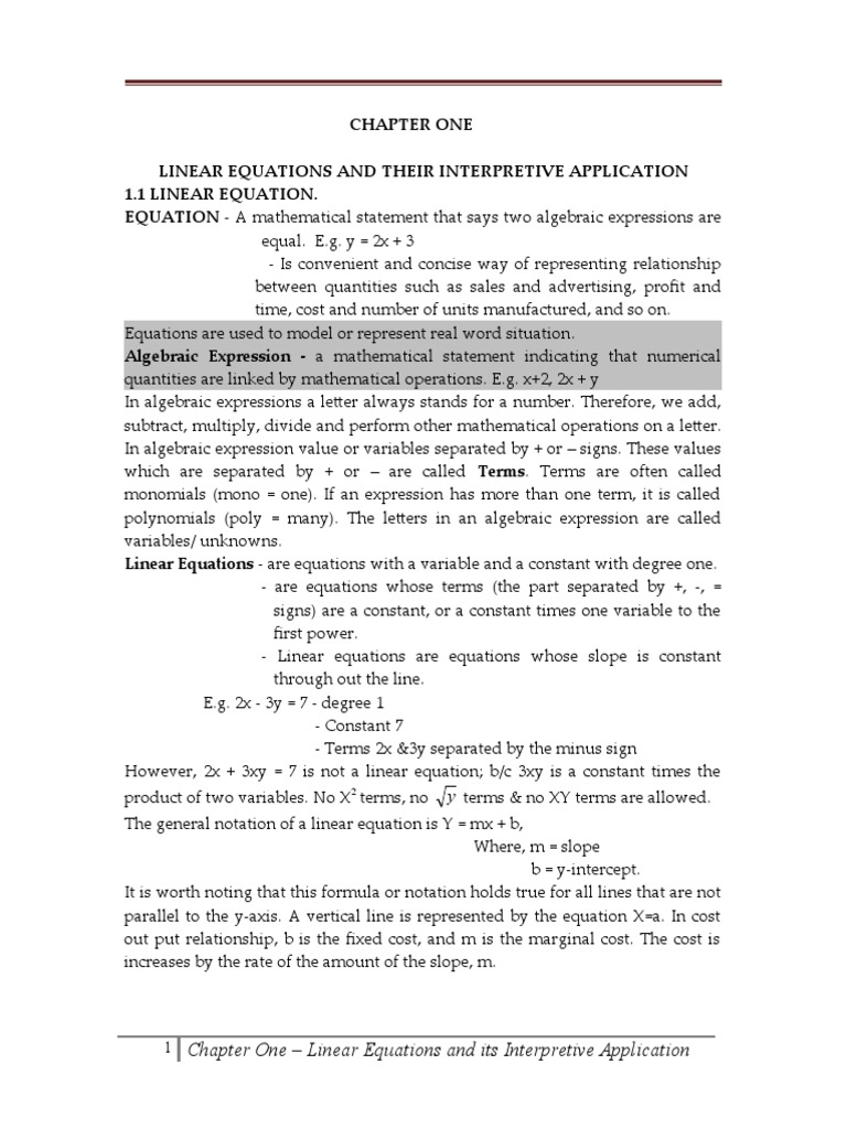 Chapter One - Linear Equations and Its Interpretive Application | PDF ...