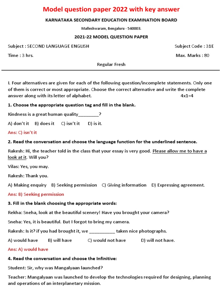 SSLC Model Question Paper 2022 with Answers | PDF | Language Arts ...