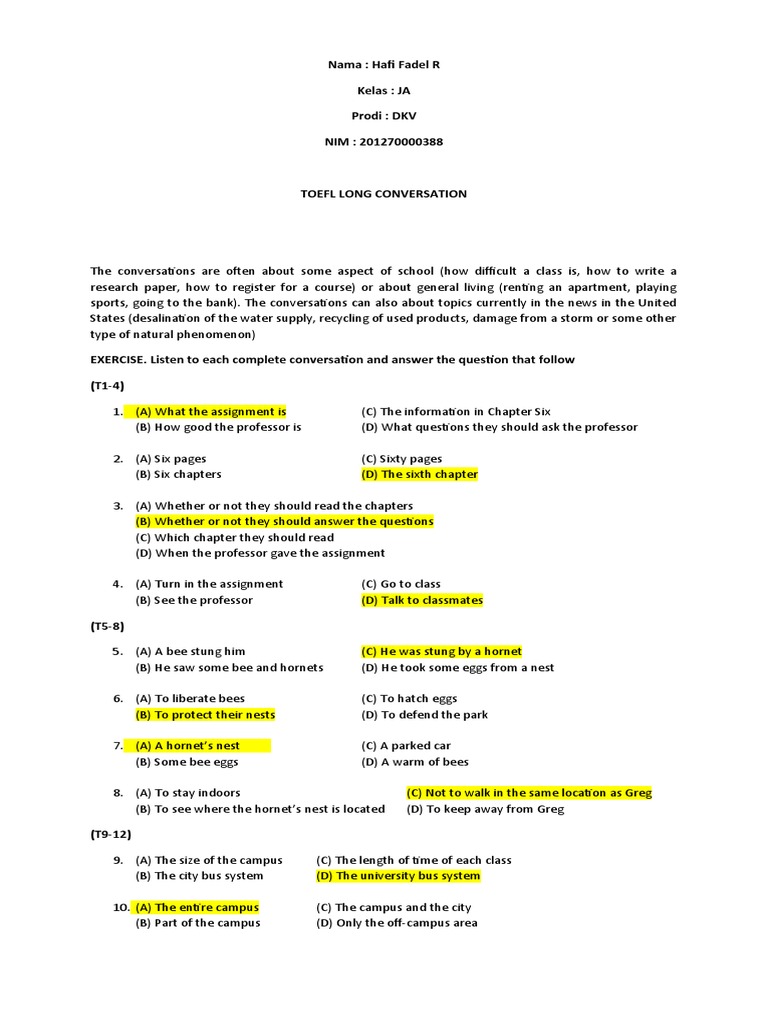 Hafi Fadel Rizaldy 201270000388-TOEFL LONG CONVERSATION-STUDENT | PDF ...