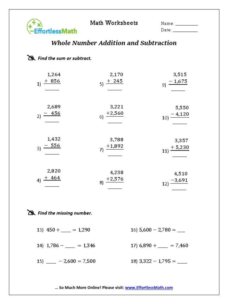 Whole Number Addition and Subtraction: Find The Sum or Subtract | PDF ...