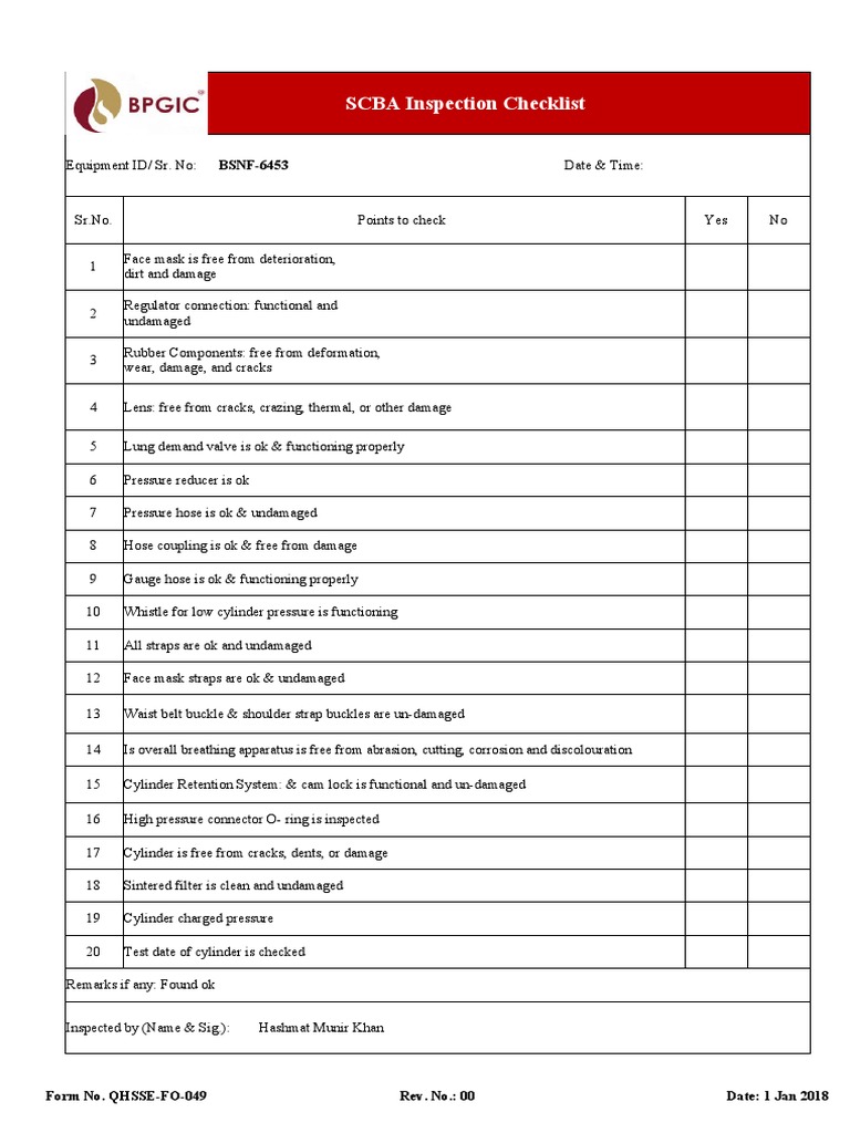 SCBA-BSNF-6453 Inspection | PDF