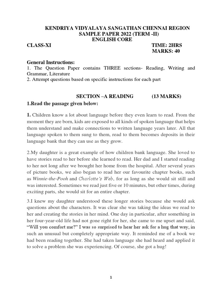Eng11sample Paper - Question Paper | PDF | Reading Comprehension ...
