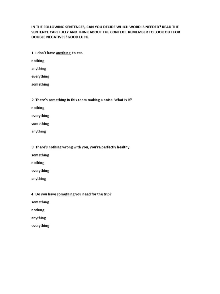 Exercise About Anything, Nothing, Something and Everything 1 | PDF