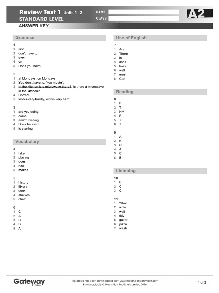 A2 Review Test 1 Answer Key Standard | PDF | Linguistics | Cognition