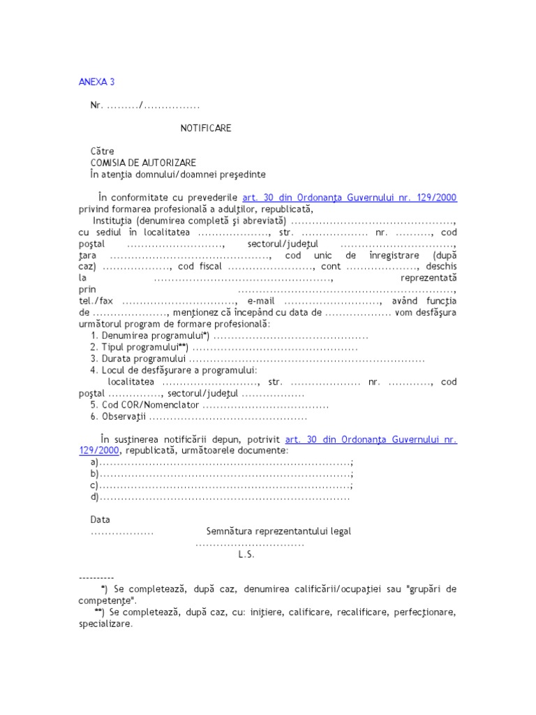 Model Notificare Si Declaratie Pe Proprie Raspundere Pentru Cursurile ...