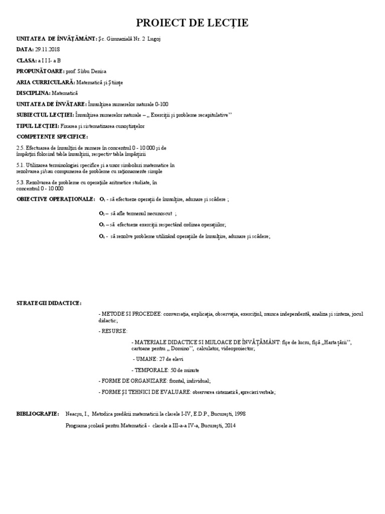 8 Proiect de Lectie Matematica | PDF