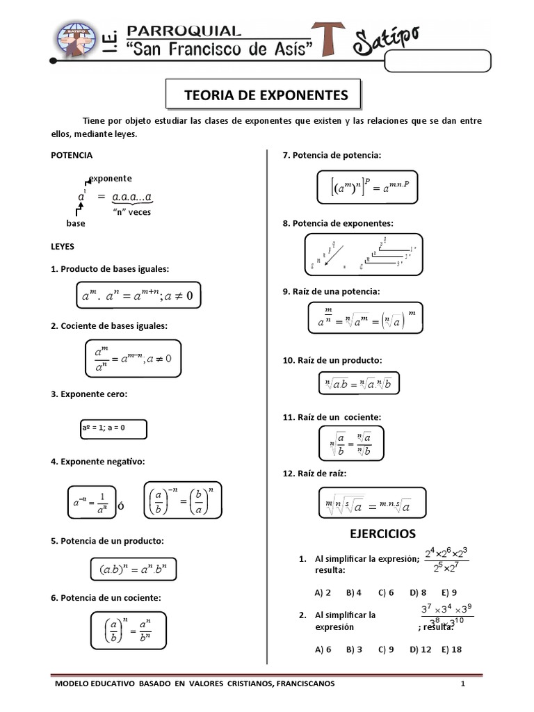 Hoja De Trabajo De Exponentes Matemáticos