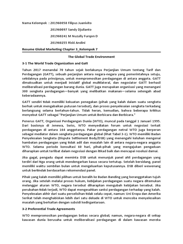 Resume Global Chapter 3 - The Global Trade Environment - Kel 7 | PDF
