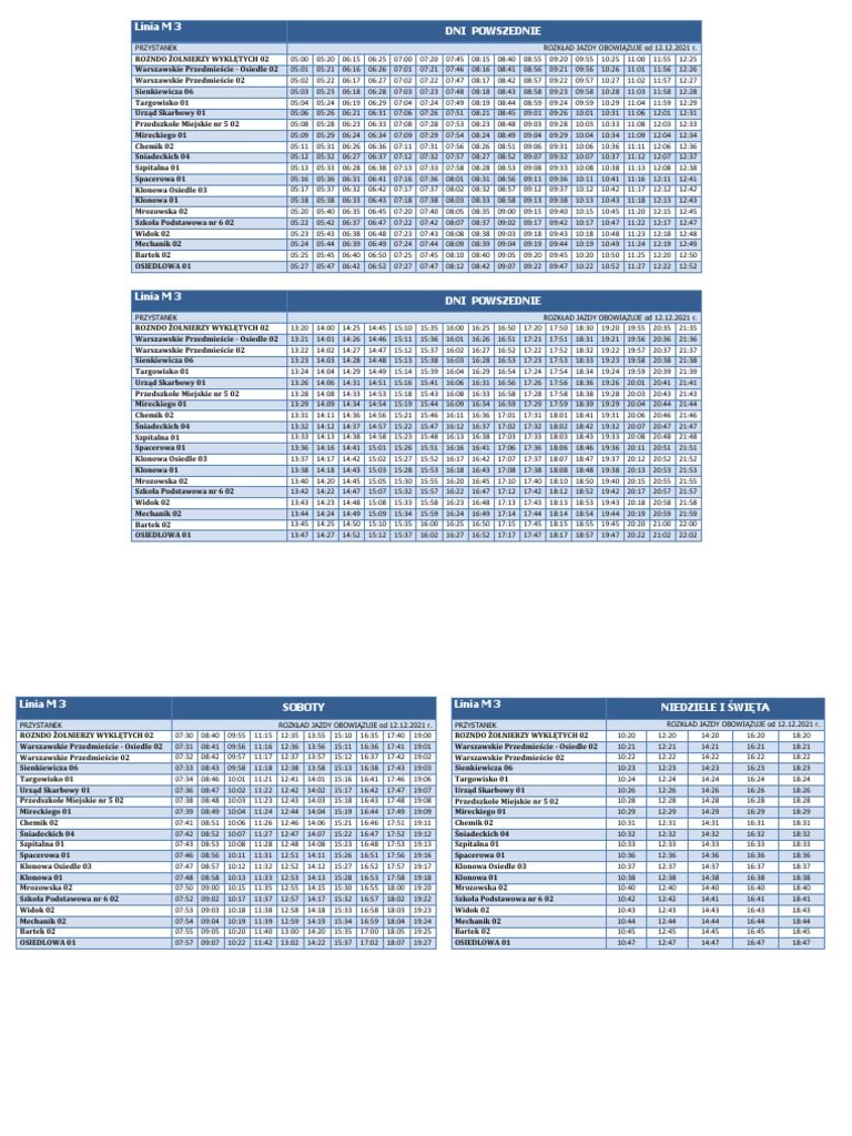 Linia M3 - Kierunek - Rondo Zolnierzy Wykletych - Osiedlowa - Rozklad Jazdy Od 12 Grudnia 2021 | PDF