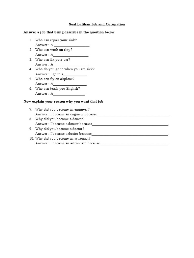 Soal Latihan Job and Occupation Answer A Job That Being Describe in The ...