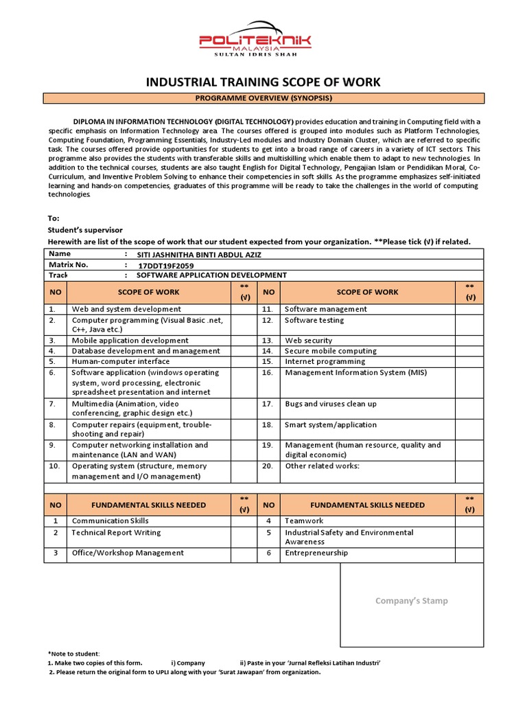 Industrial Training Scope of Work | PDF | Computing | Information ...