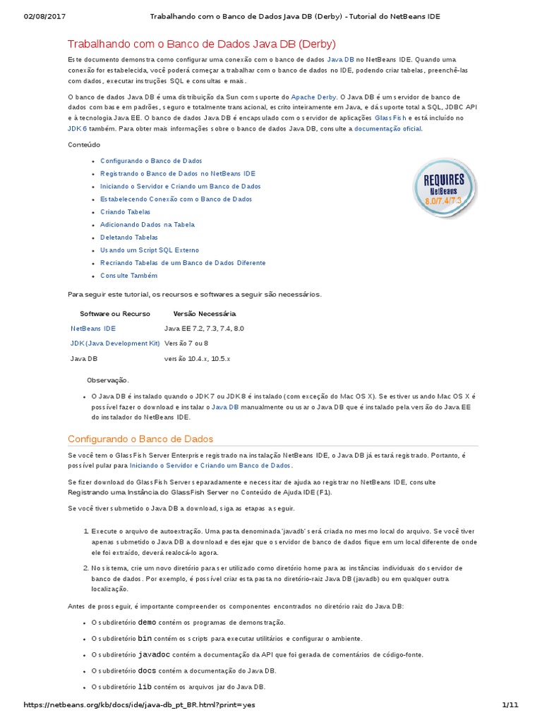 Trabalhando Com o Banco de Dados Java DB (Derby) - Tutorial Do NetBeans IDE | PDF | SQL | Janela ...