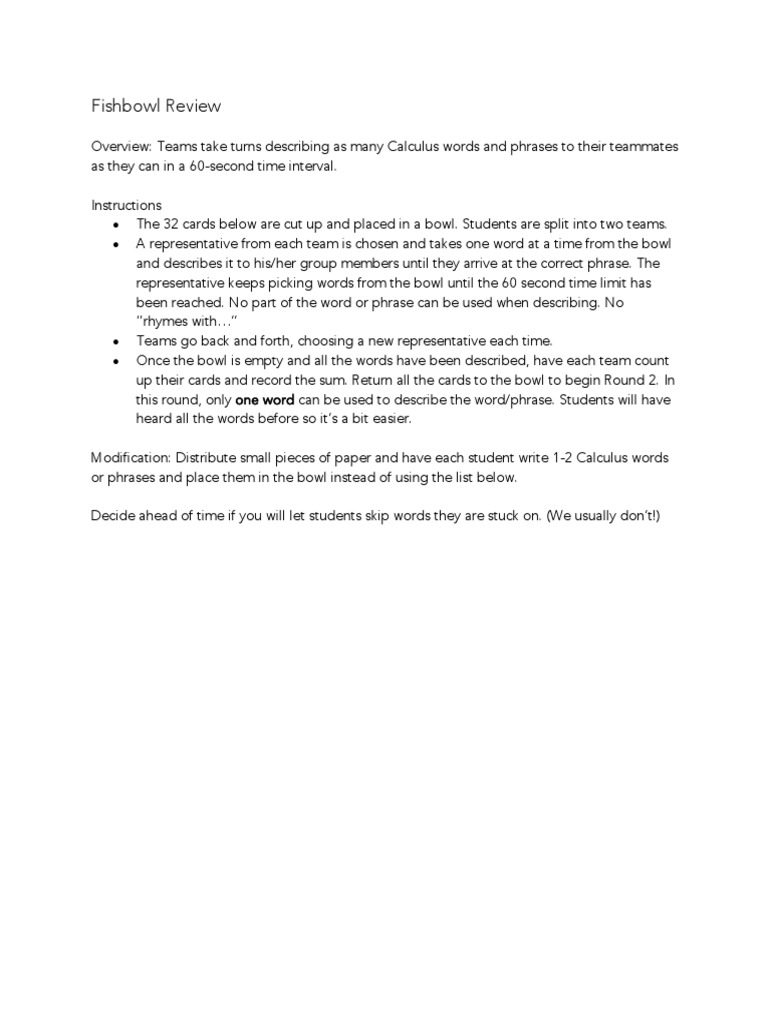 Fishbowl Review Activity | PDF | Integral | Calculus