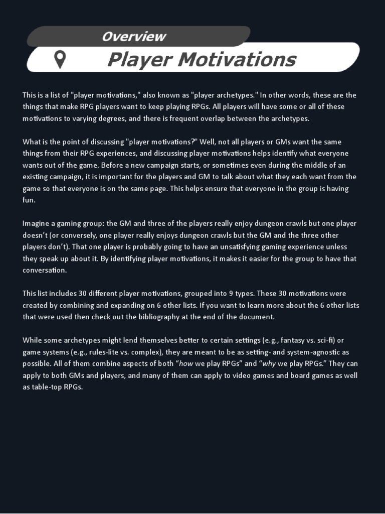 Player Motivations or Archetypes - Fillable | PDF | Role Playing Games