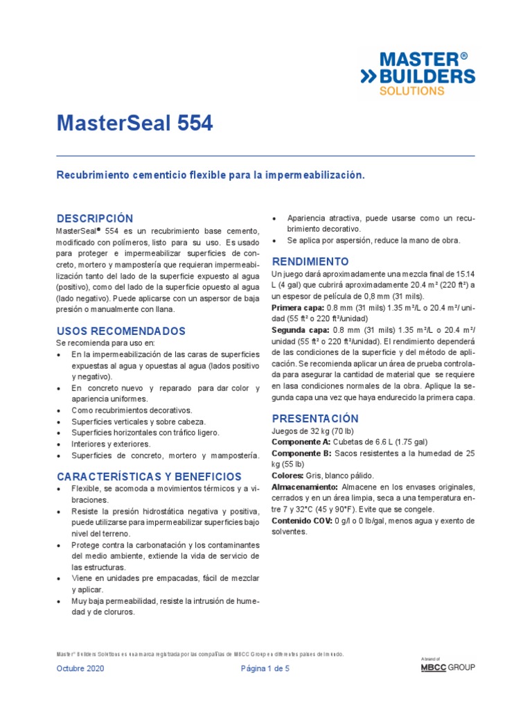Masterseal 554 - Ficha Técnica | PDF | Hormigón | Revestimiento