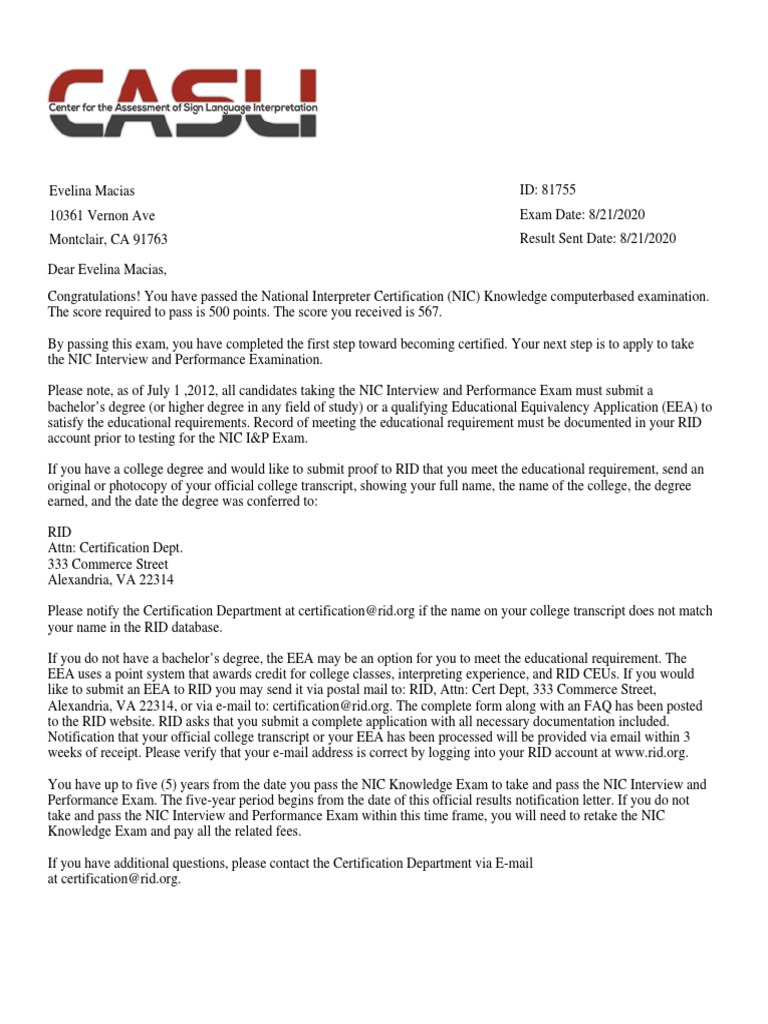 Rid Nic Knowledge Written Exam Results | PDF | Test (Assessment ...