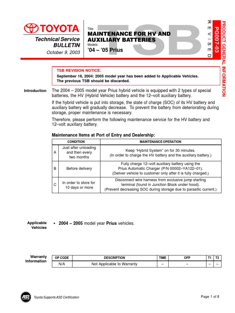 PG007-03 Toyota Service Bulletin - Maintenance For HV and Auxiliary ...