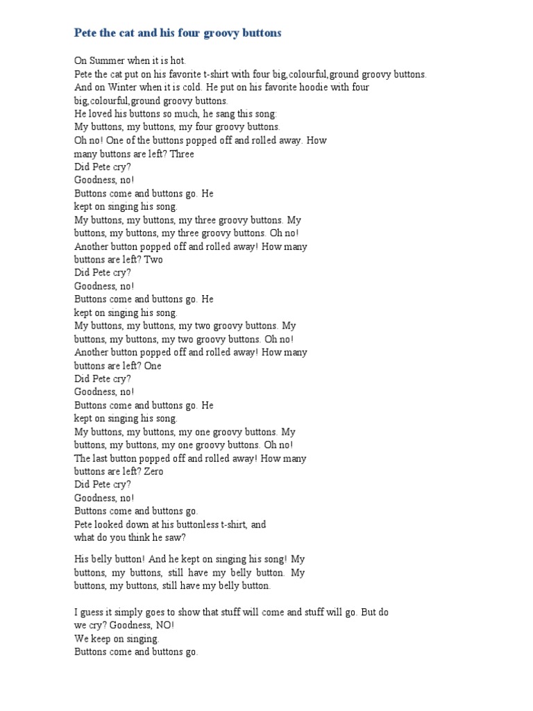 Pete The Cat and His Four Groovy Buttons Words | PDF