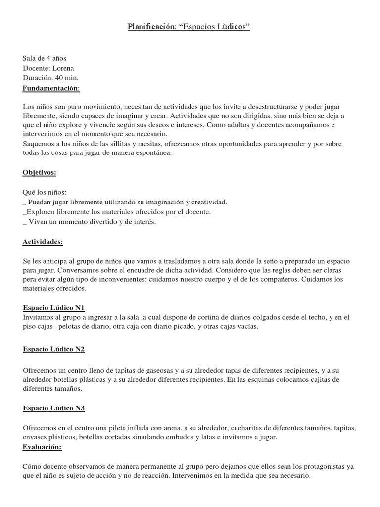 Planificación Espacio Lúdico | PDF