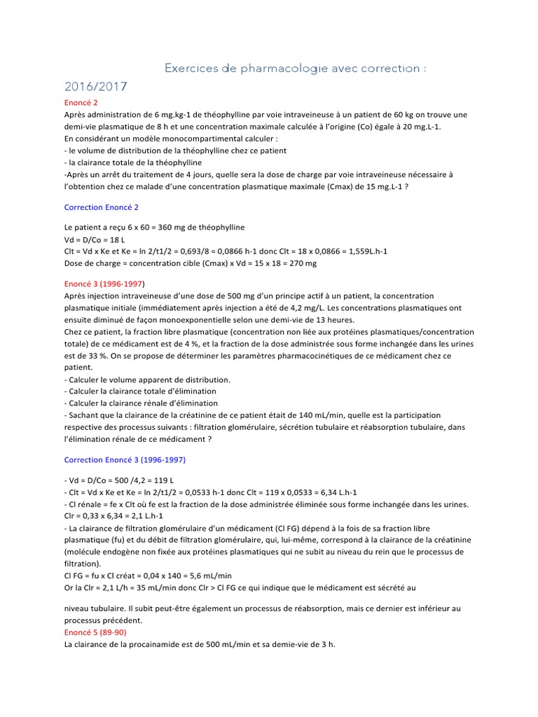 Exos TD2 Avec Correction | PDF | Pharmacocinétique | Sciences pharmaceutiques