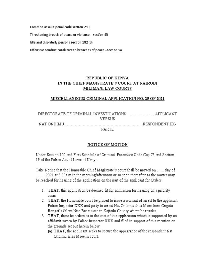 Republic of Kenya in The Chief Magistrate'S Court at Nairobi Milimani ...