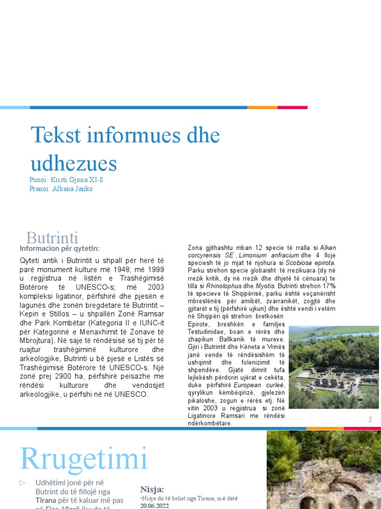 Tekst Informues-Udhezues Udhetim Ne Butrint | PDF