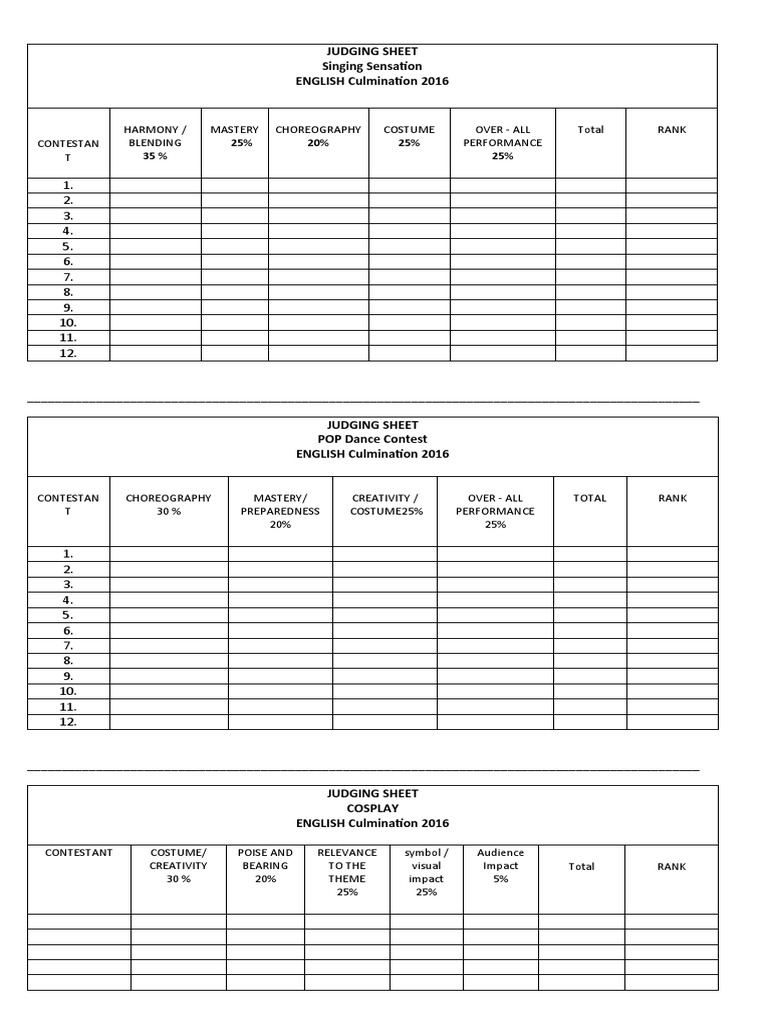 Judging Sheet For Contests | PDF | Performing Arts | Human Communication