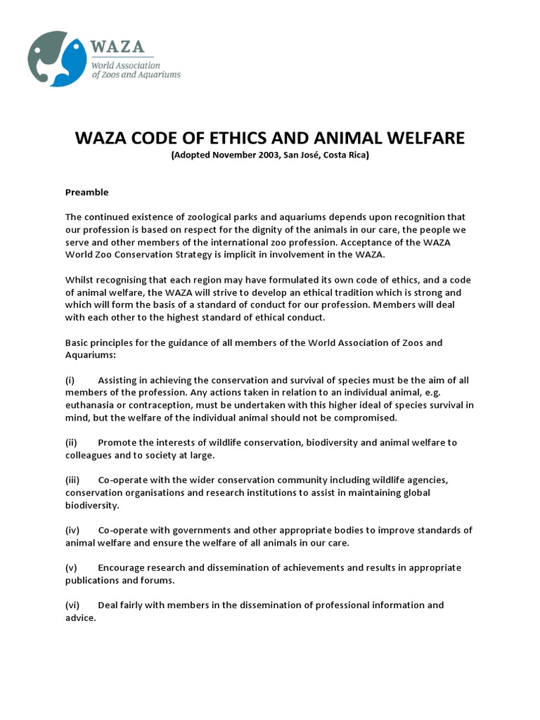 Waza Code of Ethics and Animal Welfare-2003 | PDF | Animals And Humans