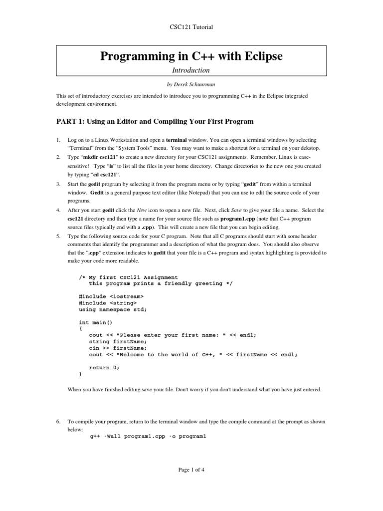 Programming in C++ With Eclipse: CSC121 Tutorial | PDF | Computer Program | Programming