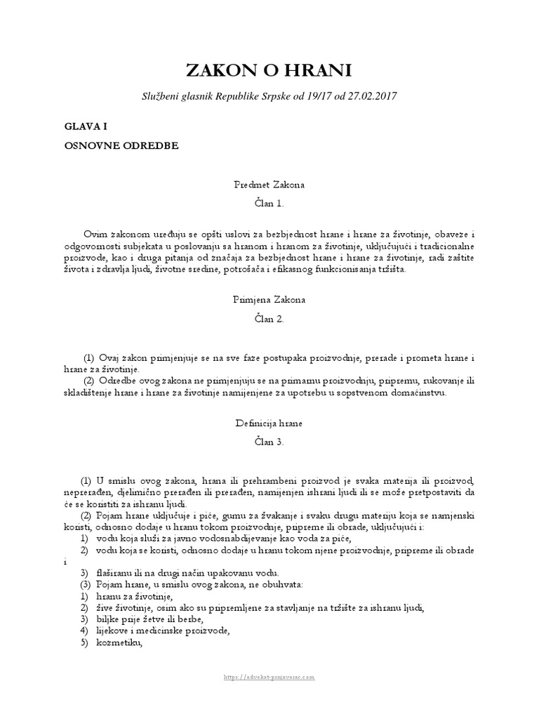 Zakon o Hrani Republike Srpske | PDF
