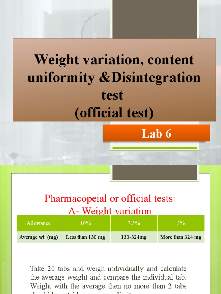 Weight Variation, Content Uniformity &disintegration Test (Official ...